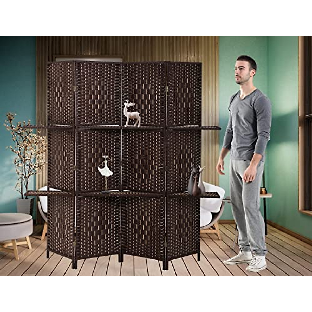 4 Panel Room Dividers and Folding Privacy Screens, 71 Inch High Hand-Woven Design Room Divider Folding Wall Dividers with Shelves, Portable Partition Screen for Room,Freestanding Room Separator, Brown
