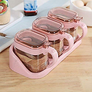 OUTOS Glass Transparent Spice Jar Seasoning Box Set Kitchen Container Tools Condiment Jars Cruet with Cover and Spoon Kitchen Utensils Supplies Salt Cellar with Lid (Pink, 3)(with base)