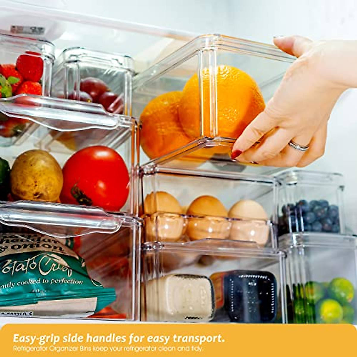 ZNM Refrigerator Organizer Bins, Stackable Fridge Organizer for Pantry Organization, Clear Plastic Storage Bins with Handle & Lid for Freezer, Kitchen, Countertops, Cabinets- BPA Free(Set of 9)