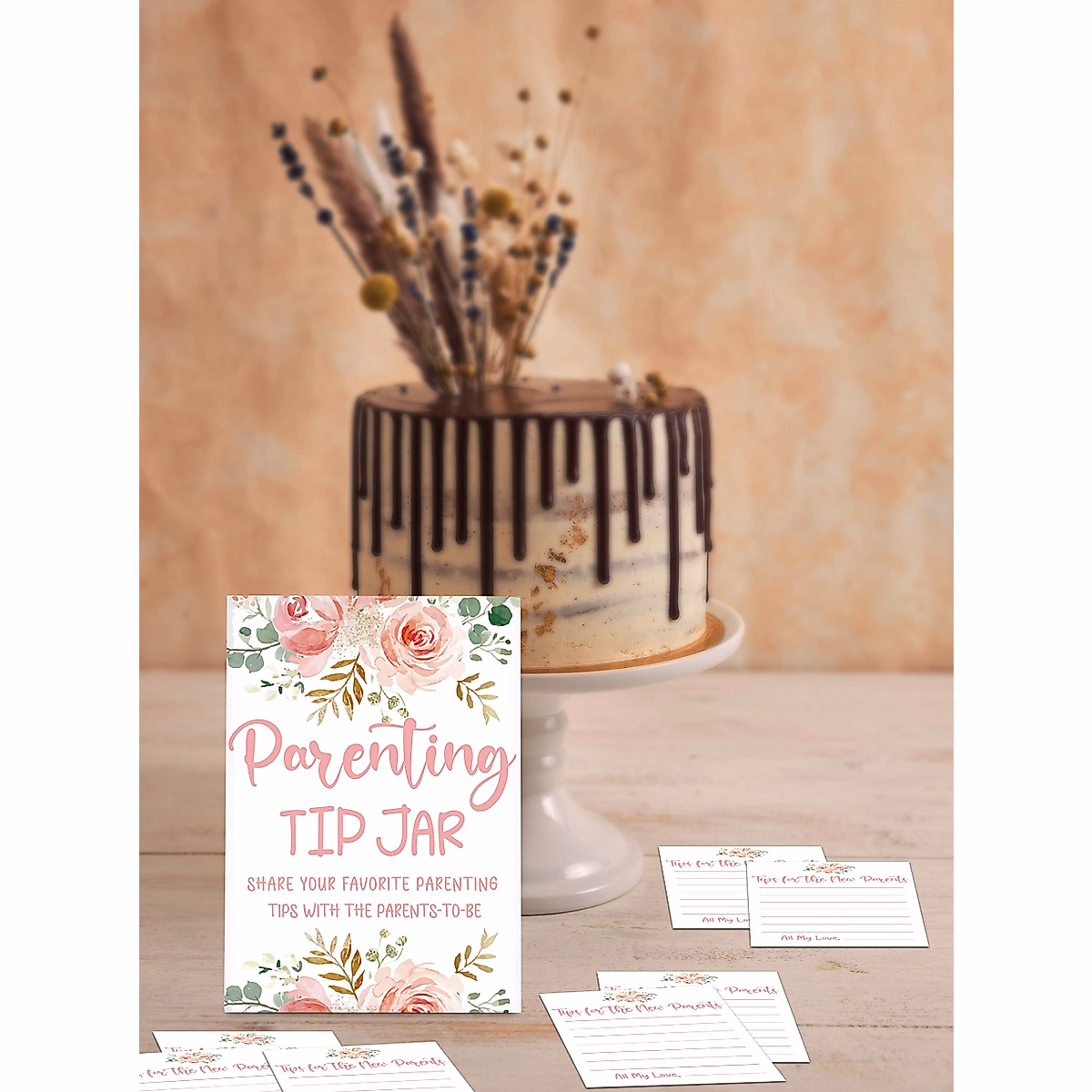 Baby Shower Game Set, Parenting Tip Jar Party Games(1 Standing Sign + 20 Advice Cards), Floral Blank Advice Cards for New Parents, Blush Pink Baby Shower/Gender Reveal Party Favor Decor(A02)