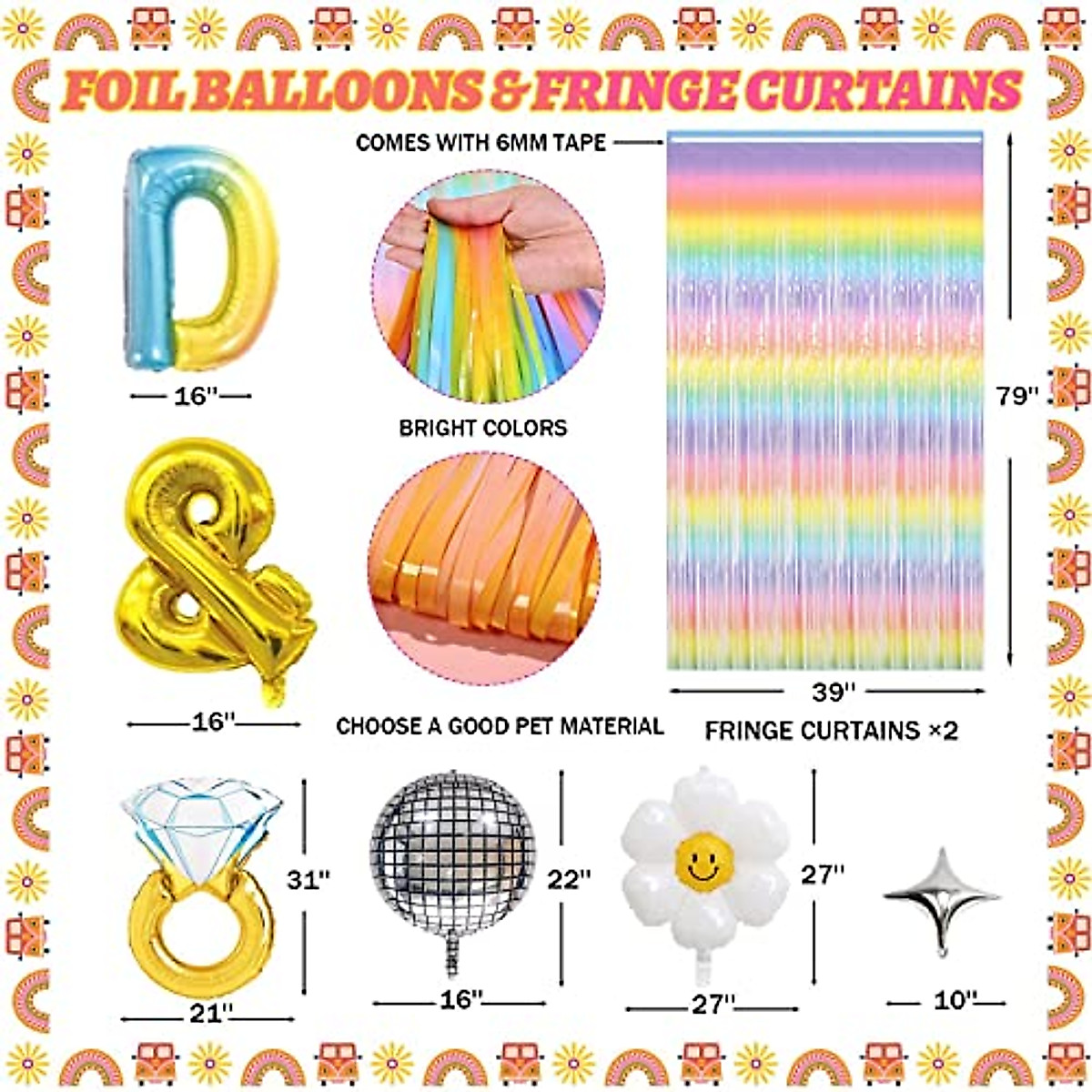 Dazed and Engaged Bachelorette Decorations, Fiesec Hippie Groovy Retro Bachelorette Decorations Tie Dye Fringe Curtain 4D Disco Sparkle Daisy Ring Foil Balloon Flower Headband