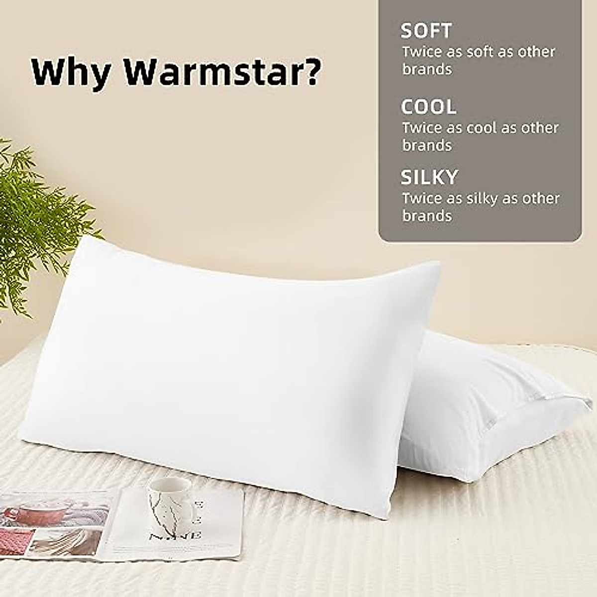 Warmstar 600 Thread Count Cooling Pillow Cases Standard Size Set of 2,Rayon Derived from Bamboo Cooling Pillow Cases for Hot Sleepers,Soft Silky Breathable Envelope Pillowcases,White,20x26 Inches