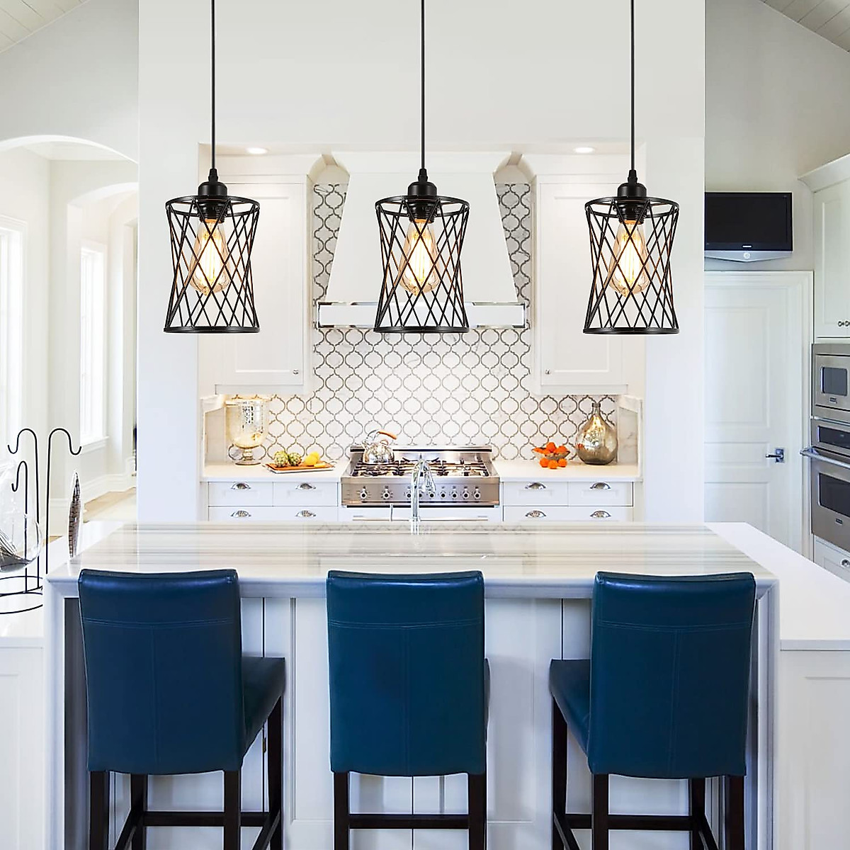 2-Pack Farmhouse Pendant Lights - Industrial Metal Cage Island Fixture for Kitchen, Dining Room, Bedroom, Bar, and Sink - Adjustable Hanging Ceiling Lamp in Black - Stylish and Functional Lighting