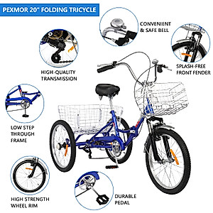 PEXMOR Adult Folding Tricycle, 20 Inch 3 Wheel Bikes Tricycle for Adults Single Speed, Foldable Adult Trike for Women/Men/Seniors, Three Wheel Cruiser Bike w/Front & Rear Basket for Shopping,Picnic