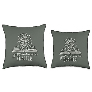 Just One More Chapter - Floral Book Lover (Dark Olive) Throw Pillow