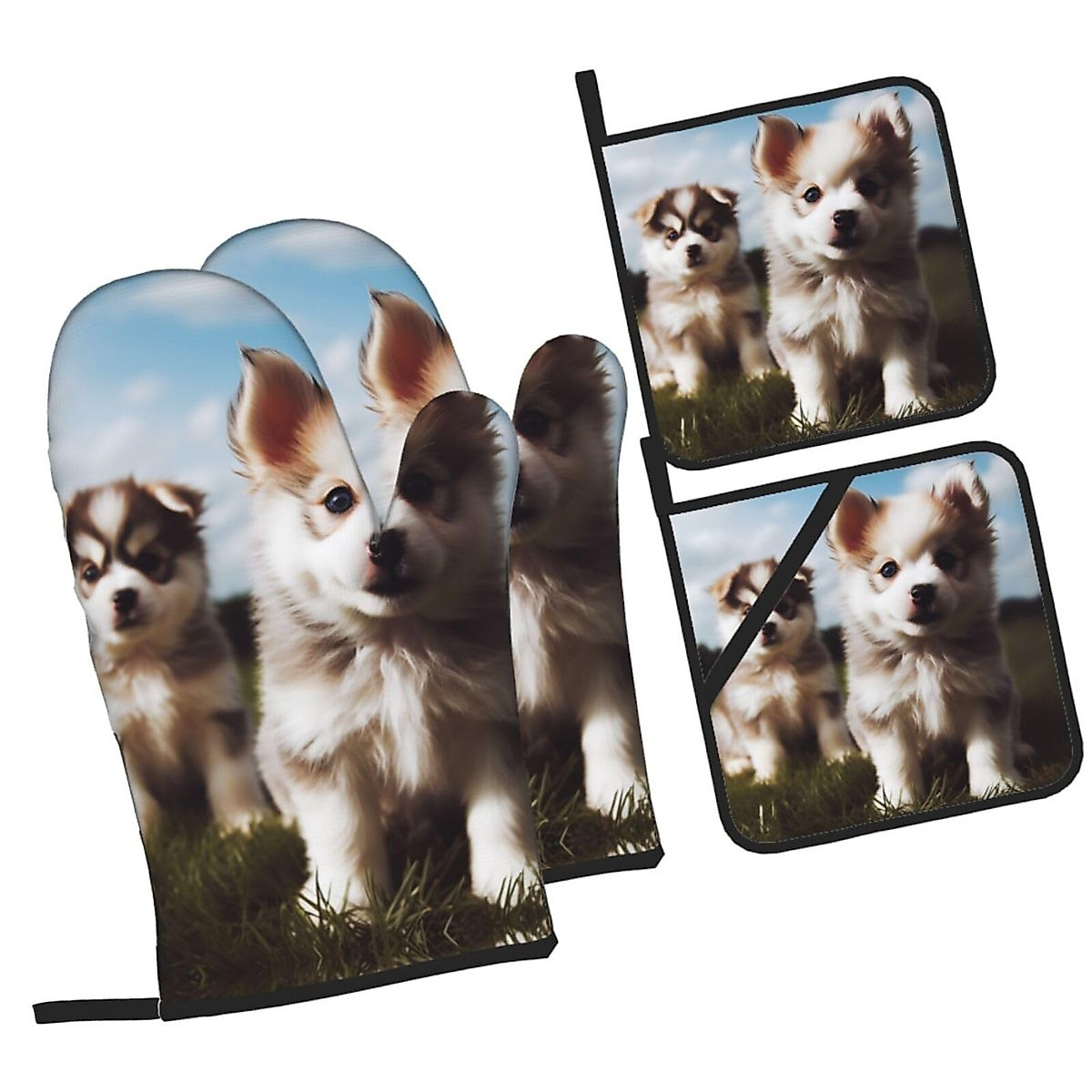 Oven Mitts and Pot Holders Set of 4 Cute Dog Print Kitchen Oven Glove Fashion Heat Resistant Oven Gloves Set for BBQ Grill Baking Cooking Oven Microwave