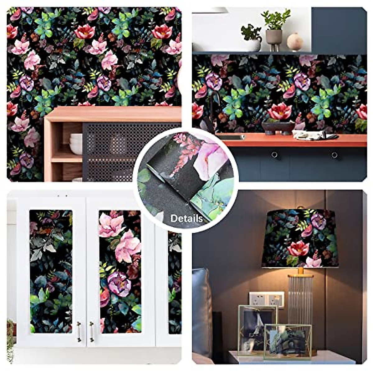 HAOKHOME 93153 Wild Spring Peel and Stick Wallpaper Bouquet Botanical Floral Black/Green/Pink Removable Stick on Home Decor 17.7in x 118in