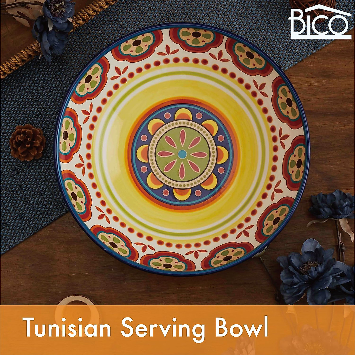 Bico Tunisian Ceramic 13 inch Serving Bowl, Microwave & Dishwasher Safe