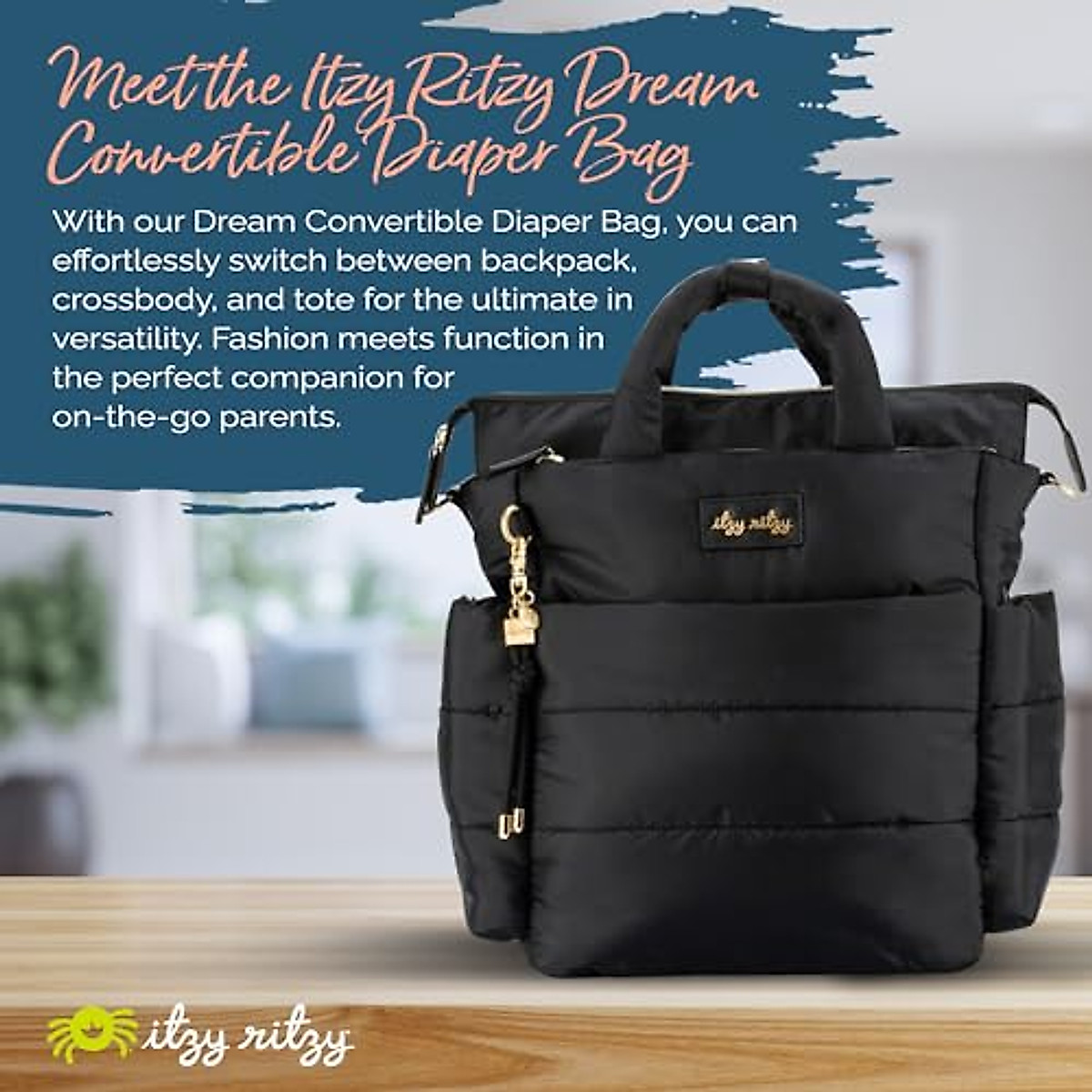 Itzy Ritzy Dream Convertible Diaper Bag Tote Backpack - Baby Diaper Bag with 14 Pockets, Changing Pad & More (Midnight Black)
