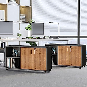 File cabinets for Home Office,Wood File Cabinet with Lock Wheels,Printer Stand with Open Storage,High Capacity File Organizer Multifunctional Mobile Filing Cabinet with Open Storage Shelf Black