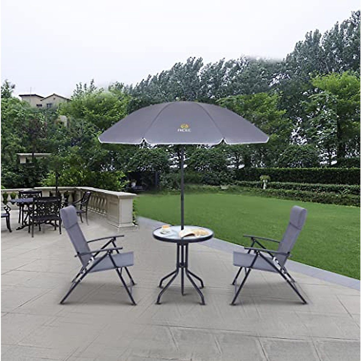 Nice C 3 Piece Patio Dining Set, Garden Outdoor Furniture Table Set with Tilted Removable Umbrella, Glass Table, and 2 Folding Chairs (Grey)