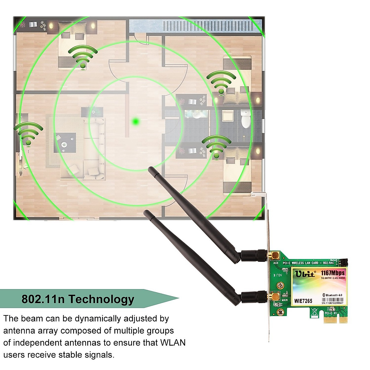 Ubit Network Card, WiFi Adapter AC 7265, AC1200Mbps pcie WiFi Bluetooth Card, 6dBi Antenna Wireless Dual Band (5G/2.4G) WiFi Card for Desktop pc