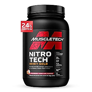 Muscletech Whey Protein Powder (Strawberry Shortcake, 2LB) - Nitro-Tech Whey Protein Isolate Smoothie Mix for Lean Muscle & Fast Recovery - 24g of Whey Gold Protein for Women & Men - Gluten-Free