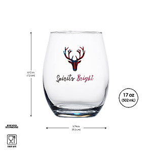 Elegant Home Set of Four (4) 17oz Holiday Festive Christmas Stemless Clear Red Or White Wine Glass With Christmas Tree, Car & Reindeer Design Design