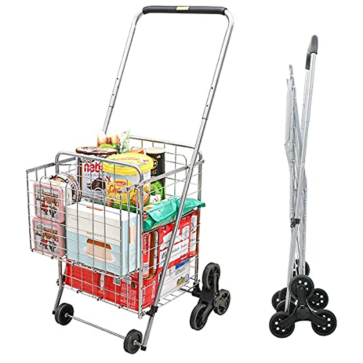 Supenice Grocery Shopping Cart with Wheels Deluxe Stair Climber Utility Cart Easily Collapsible Cart with Tri-Wheels, 66 LBS Capacity, Extended Foam Cover, Trolley for Shopping, Stair, Laundry
