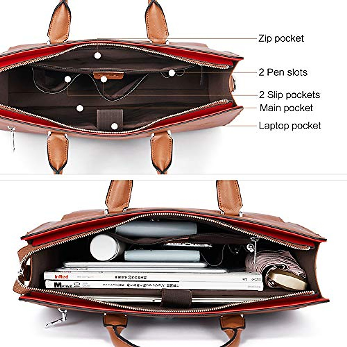 BOSTANTEN Laptop Bag for Women 15.6 inch Leather Briefcase for Women Slim Messenger Bag Shoulder Tote Handbags Brown