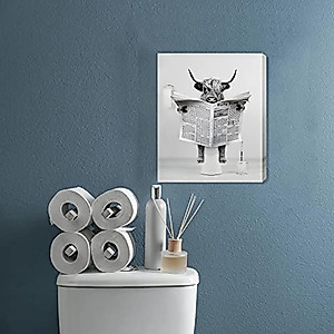 Funny Highland Cow Wall Art in Bathtub, Black and White Canvas Cow In Bathroom Picture, Humor Animals Bathroom Artwork Prints Rustic Farmhouse Style Wall Decor Ready To Hang for Living Room, Bathroom, Bedroom, Kids Bathroom Decor (12"x16", Framed)