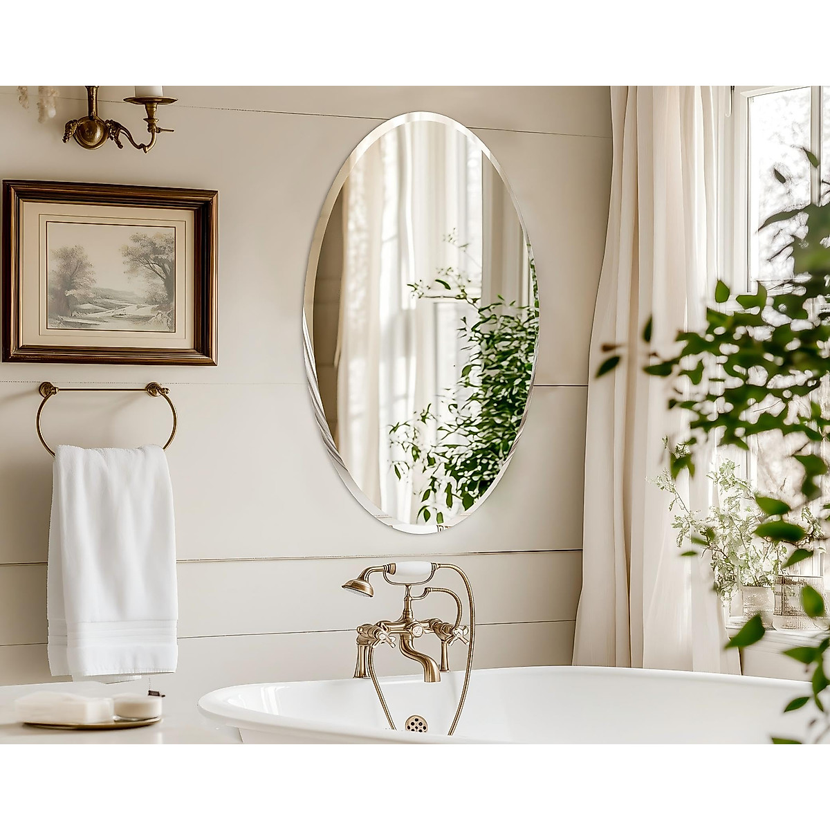 Artloge Frameless Oval Wall Mirror: Decorative Elliptical Mirrored Glass Vanity with Beveled Silver Edge for Bathroom Bedroom Livingroom Dining Room Entryway Hallway, 32 x 24 inch