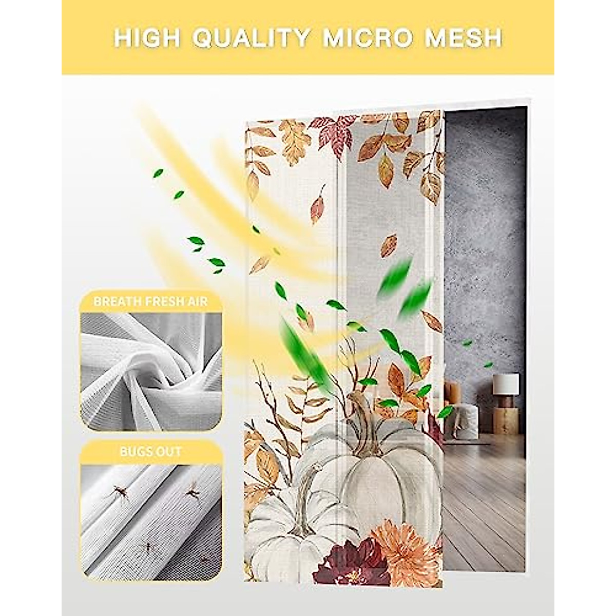 OComster Thanksgiving Magnetic Screen Door, Grey Pumpkin Orange Leaves Bulap Fall Hands Free Screen Mesh Size 38'' x 83'', Reinforce Heavy Duty Mesh Screen Doors for Patio/Front/Sliding Door