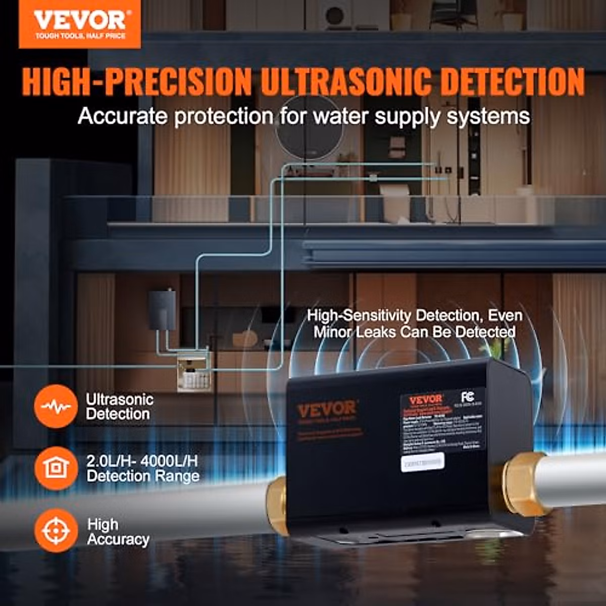 VEVOR WI-FI Smart Water Monitor and Automatic Shutoff Detector, Home Water Leak Detector for 3/4" NPT Diameter Pipe with 2.0-4000 L/H Measure Range, with App Alerts