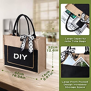 8 Pcs Large Burlap Tote Bags with Handles Jute Bridesmaid Gift Tote with Ribbons and Front Pocket 16.54 x 12.6 x 5.51 Inches Blank DIY Shopping Bags Bulk for Women Beach Wedding Picnic Work Travels