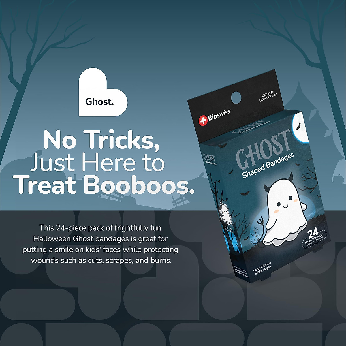 BioSwiss Bandages, Halloween Ghost Shaped Self Adhesive Bandage, Latex Free Sterile Wound Care, Fun First Aid Kit Supplies for Kids, 24 Count