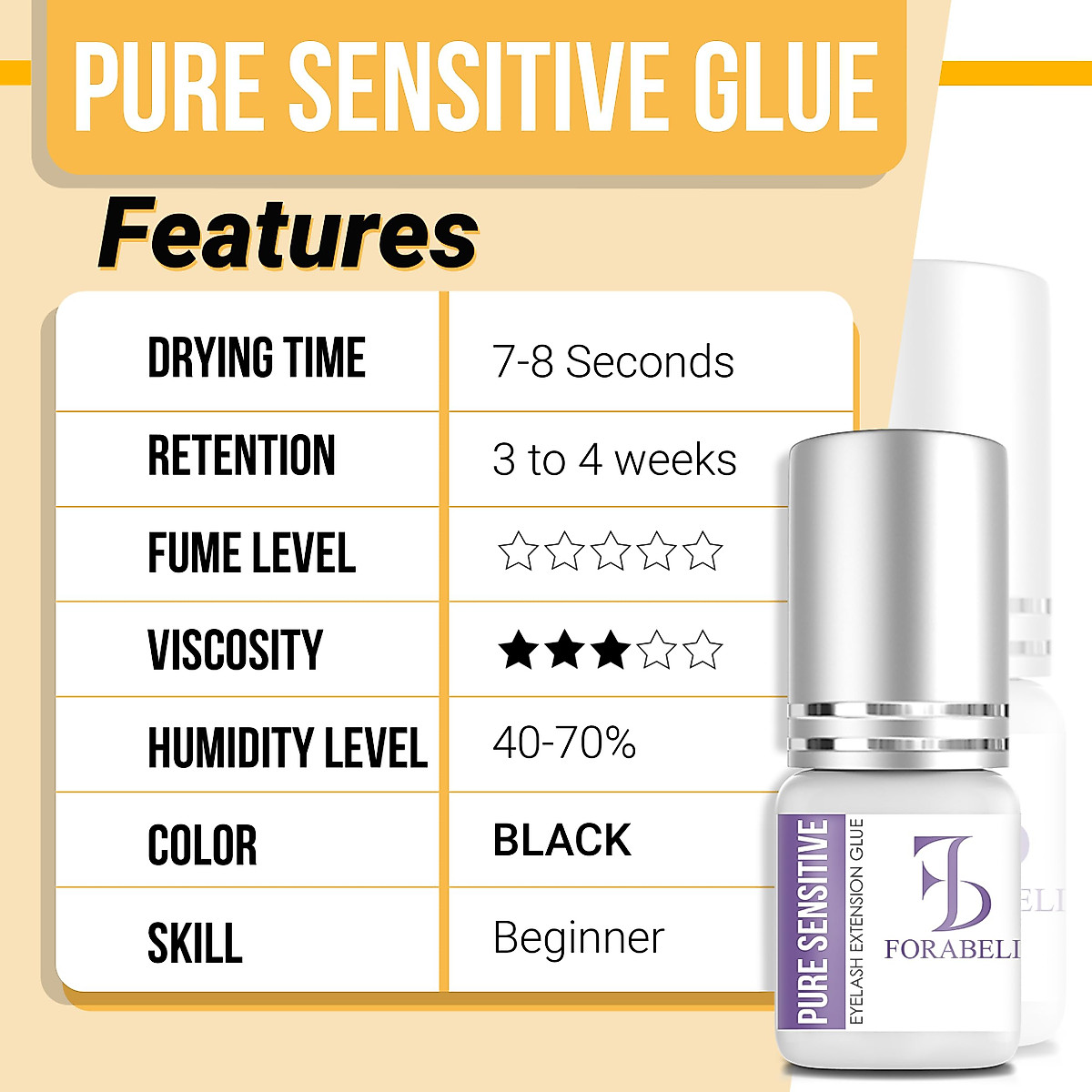 Forabeli Pure Sensitive Eyelash Glue 5ml - 7-8 Sec Drying Time, 3-4 Weeks Retention, Black Adhesive, No Fume, No Irritation