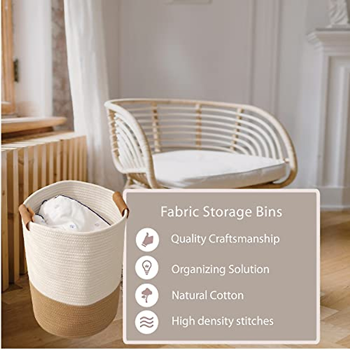 OHROS 1 Piece Woven Baskets For Storage Rope Laundry Basket For Organizing Hamper Boho Cotton Laundry Basket For Bathroom Towel Blanket Closet Clothes Storage Toy Bin Round Tall Basket 13.5 X 14.5"