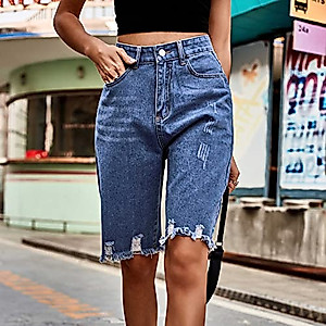 MINzYI Women's Mid Rise Denim Shorts Summer Casual Ripped Jean Shorts Cut Hem Distressed Stretchy Vacation Beach Shorts
