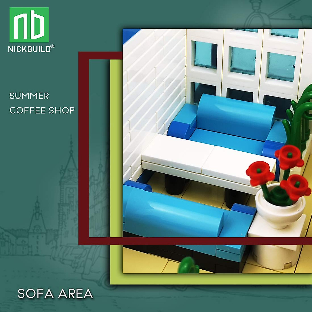 Nickbuild Street Summer Coffee Shop MOC Building Blocks Toy, Towns Series Kits, Collectible Play Model Set and Building City Toys for Kids and Teens (1278 PCS)