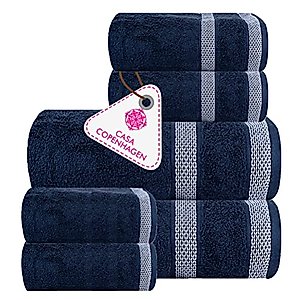 CASA COPENHAGEN Solitaire Designed in Denmark 600 GSM 2 Bath Towels 2 Hand Towels 2 Washcloths, Super Soft Egyptian Cotton 6 Towels Set for Bathroom, Kitchen & Shower - Navy Blue