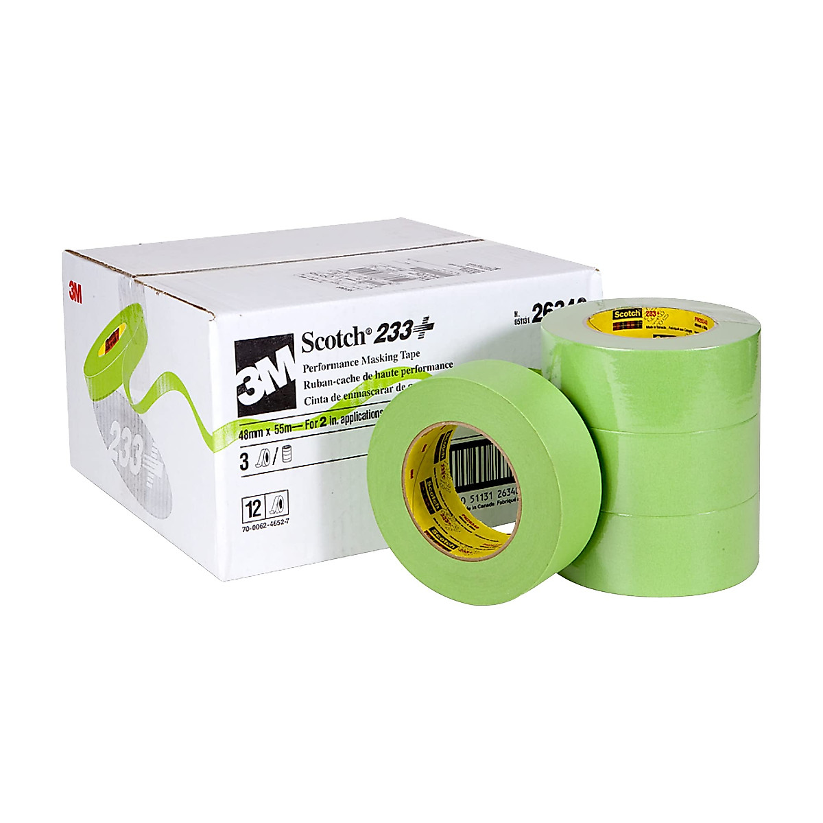 3M Scotch Performance Masking Tape 233+ 26340, Moisture Resistant, Flexible, Green Color, 48 mm x 55 m​​, 12/Case