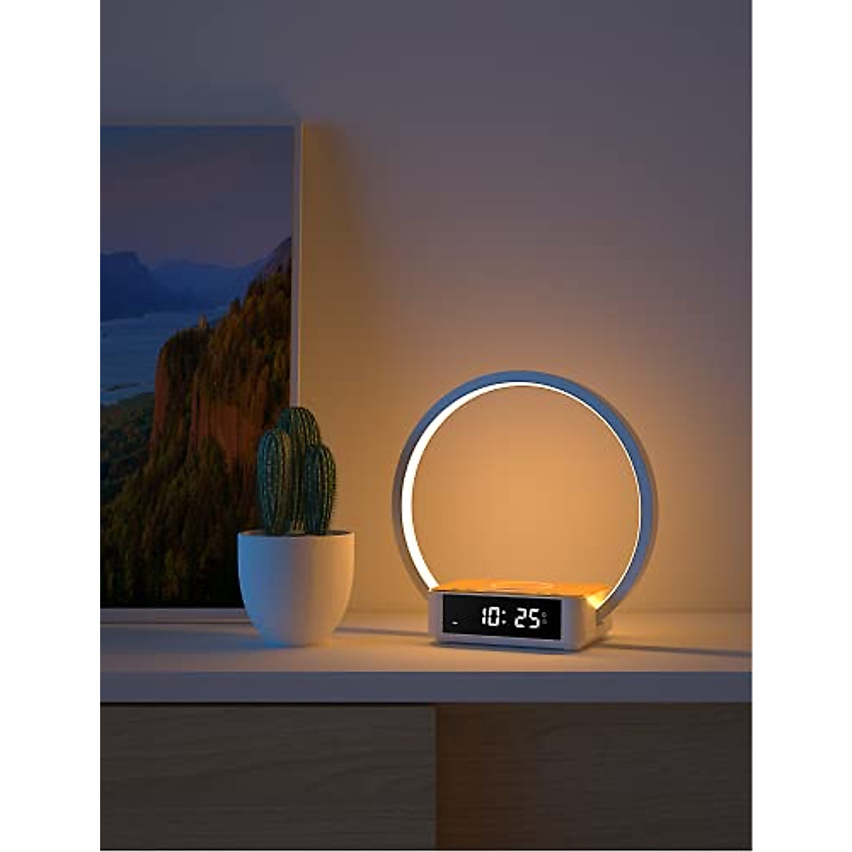 Amouhom Table Lamp, 18W Touch Lamp Alarm Clock with Wireless Charging Wake-Up Light, Digital Sonic 10W Max Qi Charger Nightstand Reading Lamps for Bedside, Reading, Home, Office