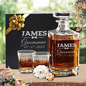 Custom Personalized Best Man, Groomsmen, Groom Whiskey Decanter and Rocks Glasses Set - Engraved with WPS Design (Decanter and 2 Glasses)