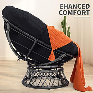 KROFEM 44" Giant Oversized Wicker Papasan Chair with Cushion Teens and Adults, Fluid 360 Swivel, Ideal for Dorm, Bedroom, or Living Room Grey Frame with Black Cushion