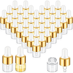 Didaey 100 Pcs Mini Glass Dropper Bottle Bulk Clear Essential Oil Dropper Bottles Small Tincture Bottles with Dropper Sample Containers Perfume Liquid Vials with Cap for Traveling(1 ml,Gold)
