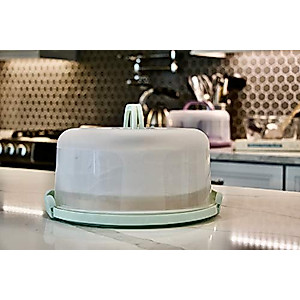 Top Shelf Elements Round Cake Carrier Two Sided Cake Holder Serves as Five Section Serving Tray, Portable Cake Stand Fits 10 inch Cake, Cake Box Comes With Handle, Cake Container Holds Pies (Green)