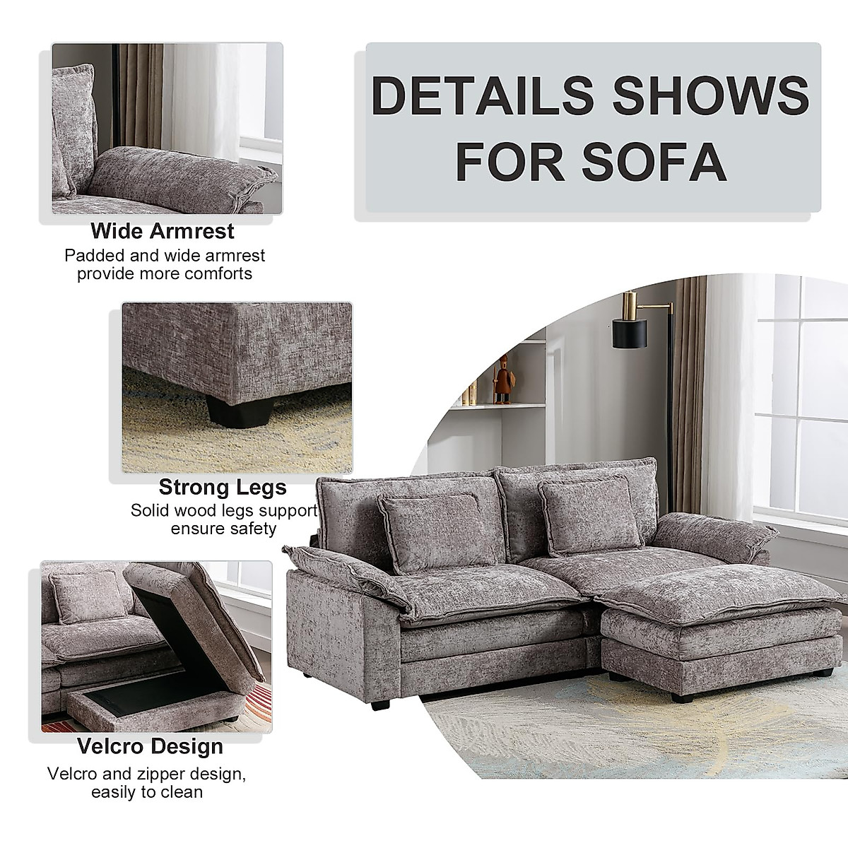 URRED Sectional Sofa Couch, Modern Chenille Sofa Sleeper Deep Seat Couches with Ottoman/Pillows for Living Room, Grey