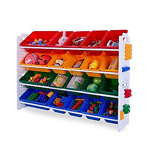 UNiPLAY Toy Organizer with 20 Removable Storage Bins, Multi-Bin Organizer for Books, Building Blocks, School Materials, Toys with Baseplate Board Frame (Primary)