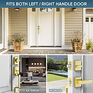 TICONN Front Door Handle Set, Heavy Duty Square Door Lever & Single Cylinder Deadbolt Combo Reversible for Entrance Exterior Doors (Polished Brass)