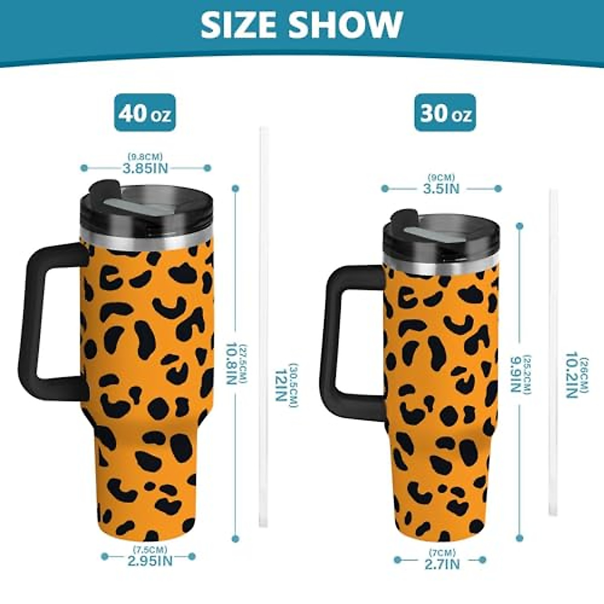 Flradish 30oz Tumbler with Handle, Orange Leopard Print Stainless Steel Tumbler with Lid and Straws Double Wall Vacuum Insulated Leakproof Coffee Travel Mug