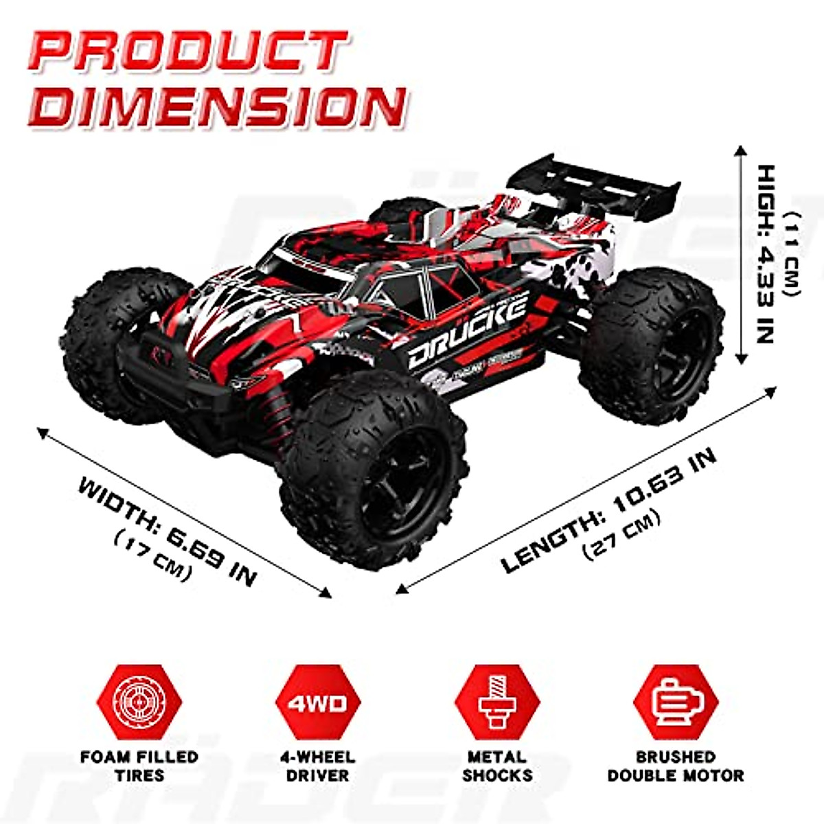 RÄDER DRÜCKE RC Cars-1:18 Scale 45+KM/H High Speed RC Car Hobby Grade Remote Control Car 4x4 Off Road Monster Car, All Terrain Waterproof Toys for Kids Adults with 2 Rechargeable Batteries