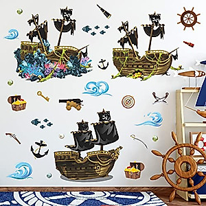 4 Sheet Pirate Ship Wall Sticker Shipwreck Wall Decal DIY Self-Adhesive Waterproof Waves Treasure Fish Hook Pearl Coral Reef Wall Art Decoration for Kitchen Bathroom Kids Boys Bedroom Playroom Nursery (A)