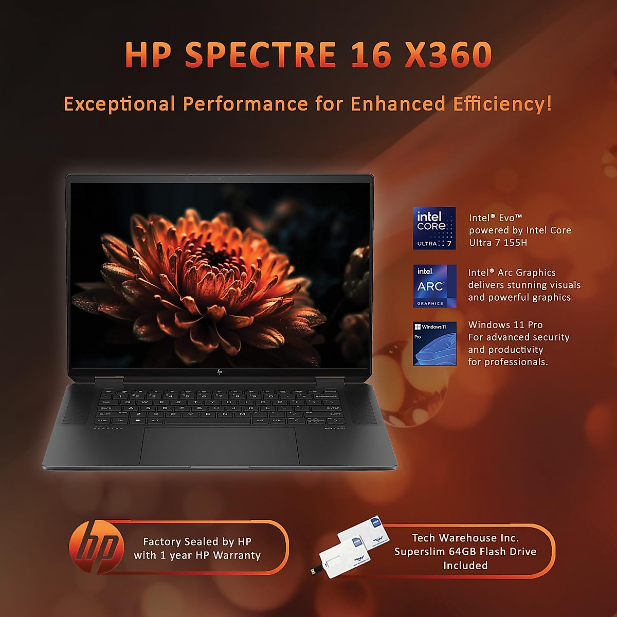 HP Spectre 16T x360 Intel Core Ultra 7 13th Gen, 32 GB RAM, 1TB SSD, Win 11 Pro, Intel Arc 4GB, 16" 2.8K OLED Touchscreen, Tilt Pen, 64GB TW Flashdrive
