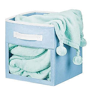 mDesign Fabric Nursery/Playroom Closet Storage Organizer Bin Box, Front Handle/Window for Cube Furniture Shelving Units, Hold Toys, Clothes, Diapers, Bibs, Jane Collection, 8 Pack - Light Blue/White