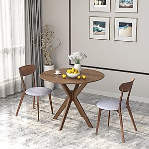 Tangkula Dining Table Set for 2, Round Wooden Dining Set of 2 with Cushioned Chairs, Mid-Century Farmhouse Table and Chair Set for Kitchen and Living Room