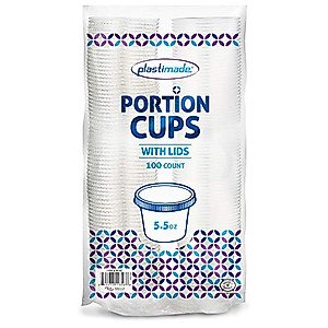 Plastimade Clear Disposable Plastic Portion Cups With Lids (100 Sets - 5.5 Oz) - Disposable Condiment Cups, Thanksgiving Sauce/Dip/Dressing Cups, Souffle Cups & Jello Shot Cups With Lids