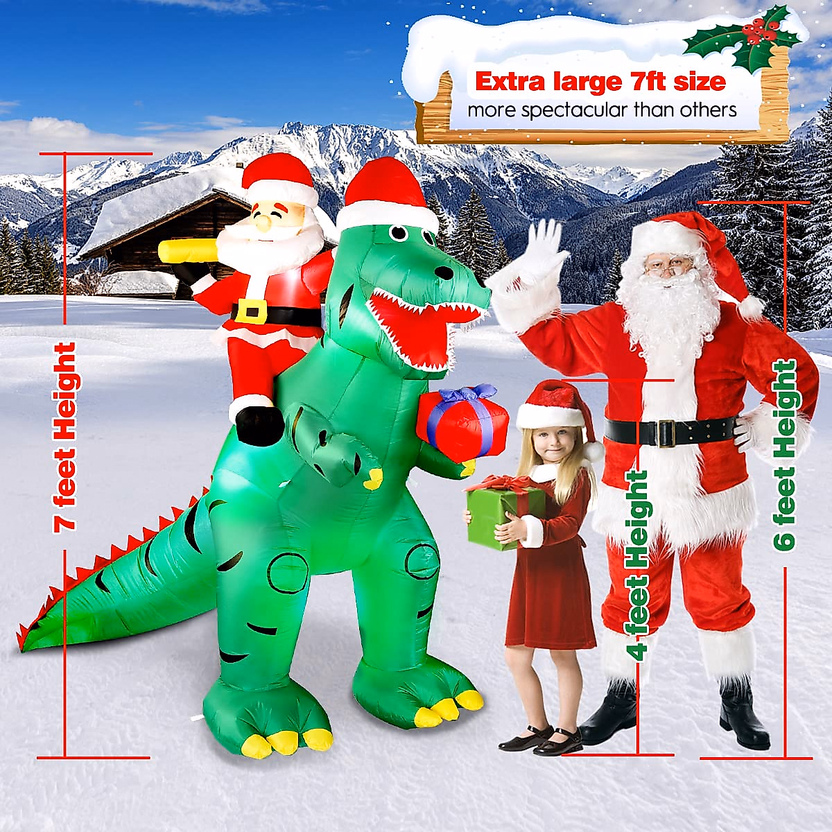 LEITAO 7FT Inflatable LED Santa Dinosaur Christmas Decoration - Giant Holiday Blow Up Decor for Indoor & Outdoor