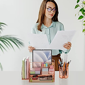 MooManGoo Rose Gold Office Desk Organizers and Accessories with Sliding Drawer, Pen Holder, Stapler, 6 Compartments +72 Clips Set, Office Supplies Mesh Desktop File Organizer for Women Home School