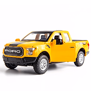 BDTCTK Compatible for 1:32 Ford Raptor F150 Pickup Truck Car Model, Diecast Pull Back Car Toy Car with Sound and Light for Kids Boy Girl, Metal Body, Yellow